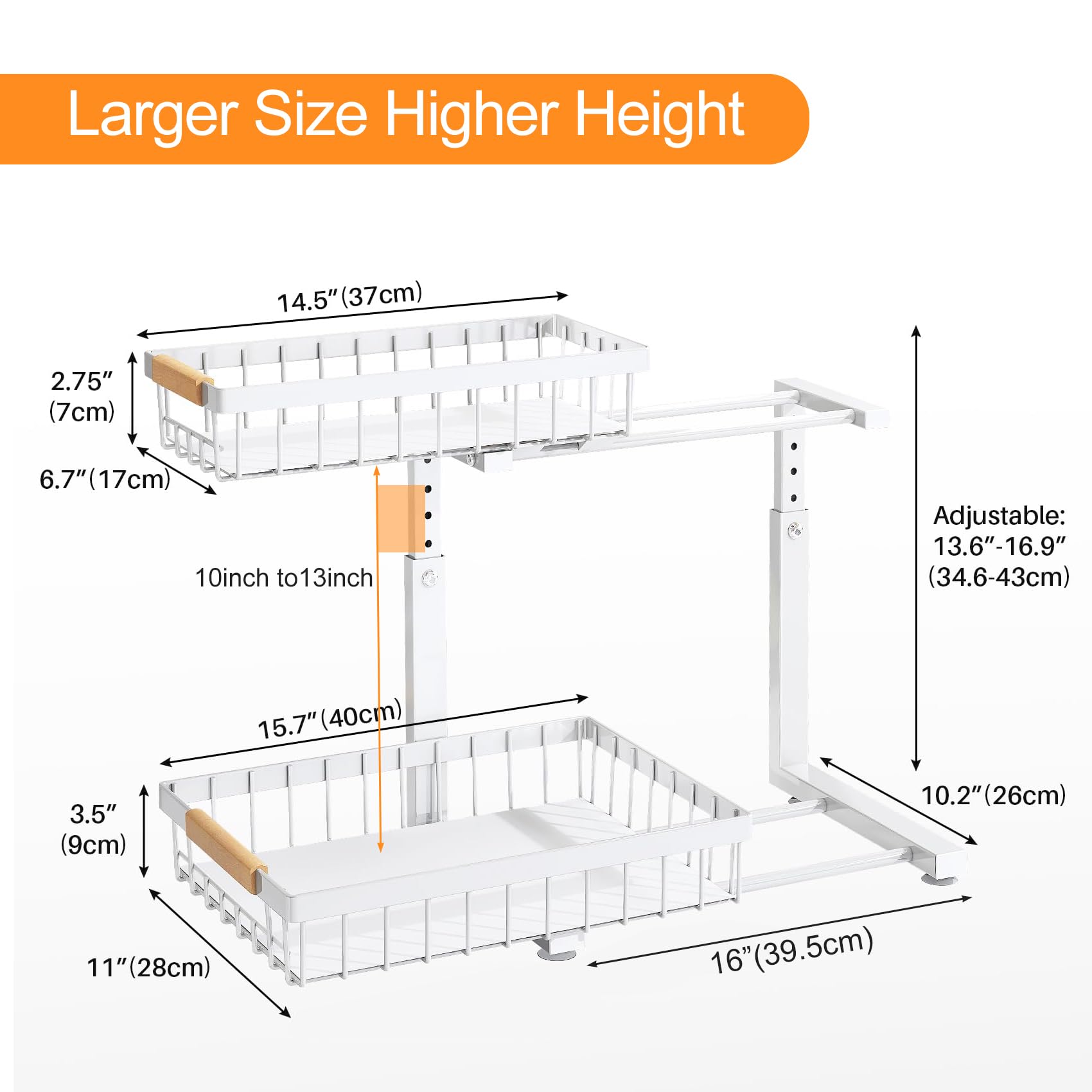 PXRACK 2 Pack Under Sink Organizer,Adjustable Height,2 Tier Pull Out Under Cabinet Organizer,Slide Out Thickened Metal Under Sink Storage for Kitchen Bathroom Laundry Cabinet Pantry,White