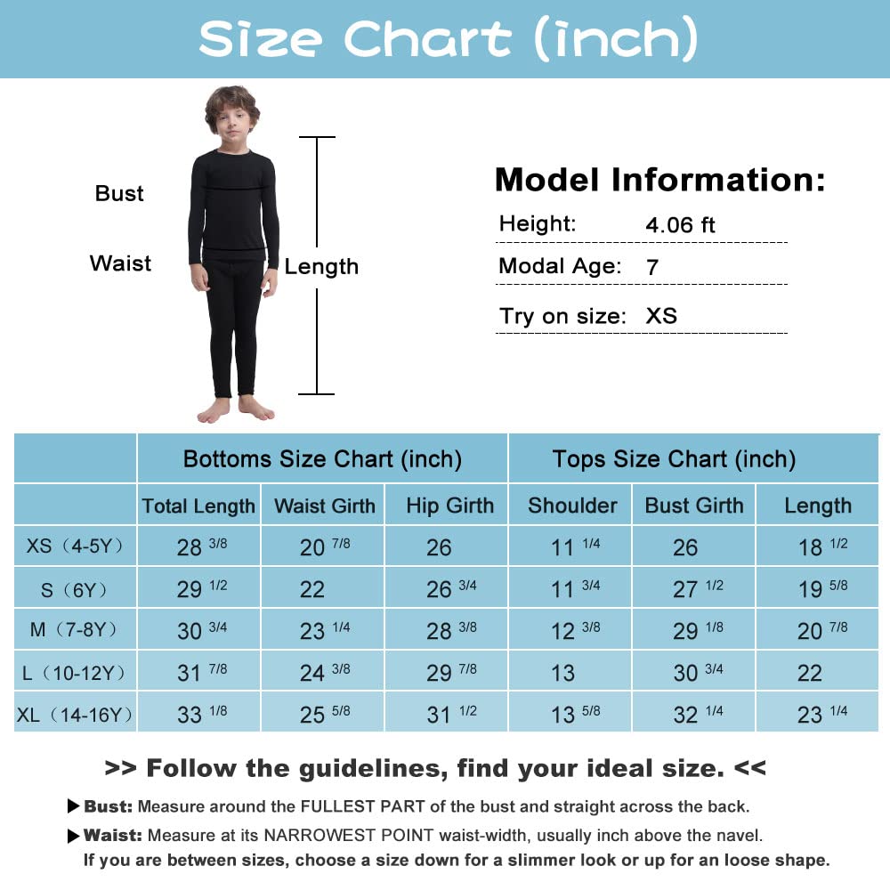MANCYFIT Thermal Underwear for Boys Fleece Lined Long Johns Set Kids Base Layer Ultra Soft Black Small