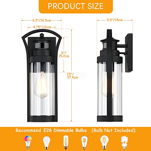PTRWOROA Dusk to Dawn Motion Sensor Outdoor Wall Light, 15 Inches Large Black Exterior Wall Sconce Lantern Lighting with Ribbed Glass, Wall Mounted Light Fixture for Garage Porch Patio