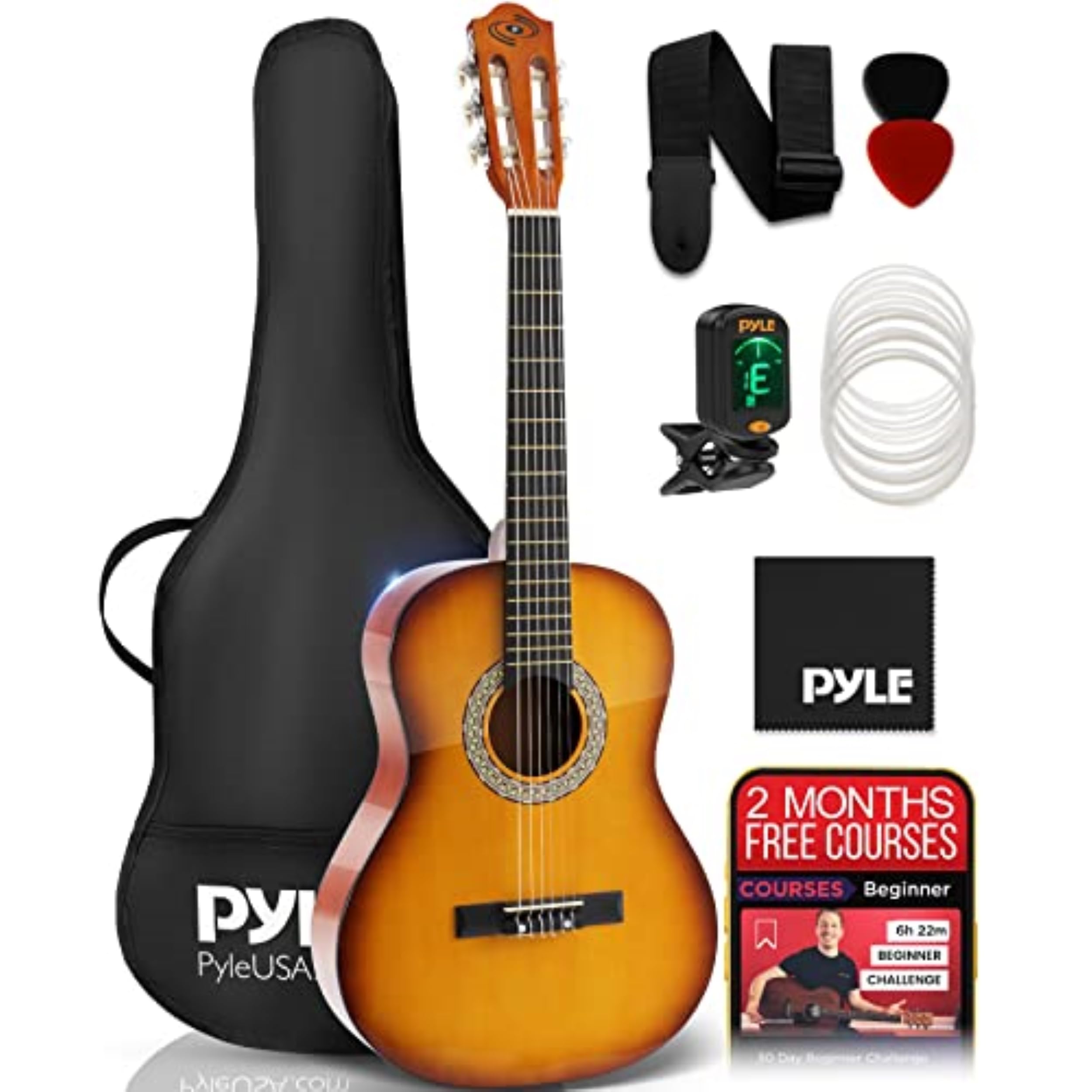 Pyle Classical Acoustic Guitar Kit, 3/4 Junior Size Instrument for Beginner Kids, Adults, 36" Cherry Burst