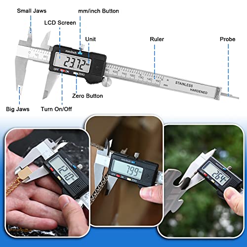 PTSTEL Digital Caliper, 6 Inch Electronic Digital Caliper Measuring Tool Accuracy with Large LCD Screen, Auto-Off Feature, Inch and Millimeter Conversion Stainless Steel Calipers for DIY/Household
