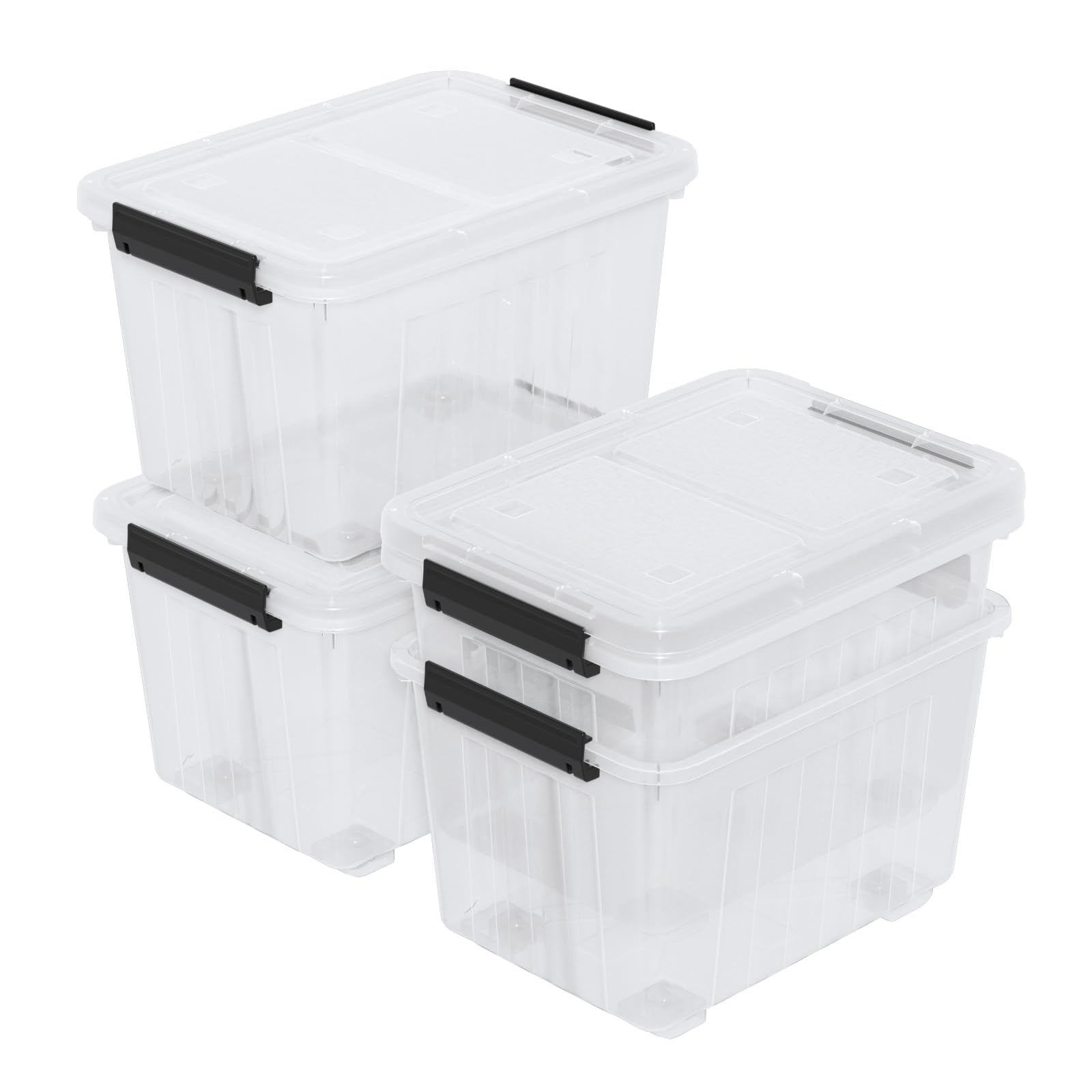 Zopnny 30 Quart Plastic Stacker Box, Large Storage Bin Container with Latching Lids and Wheels for Home and Garage Organizing, Shoes, Tools, Clear Base, 4-Pack