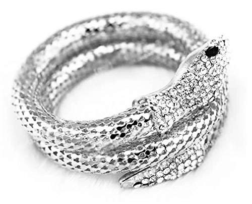 Mandy Xia Punk Rhinestone Curved Stretch Snake Animal Cuff Bangle Bracelet for Women Ladies Wristband Jewelry (Silver)