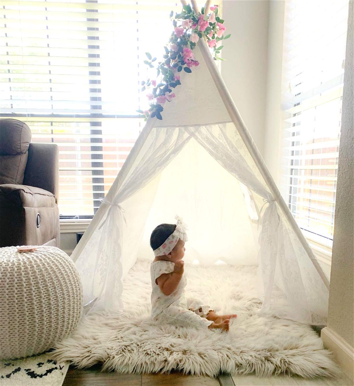 Lace Teepee for Girls, Teepee Tent for Kids Teepee Boho Teepee Tent White Teepee with 6.5Ft Rose Vine Flowers, Kids Room Decor