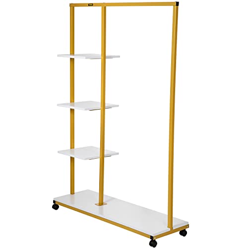 VEVOR Clothing Garment Rack, 39.4"x14.2"x59.1", Heavy-duty Clothes Rack w/Bottom Shelf & Extra 3 Side Shelves, 4 Swivel Casters, Rolling Clothes Organizer for Laundry Room Retail Store Boutique, Gold