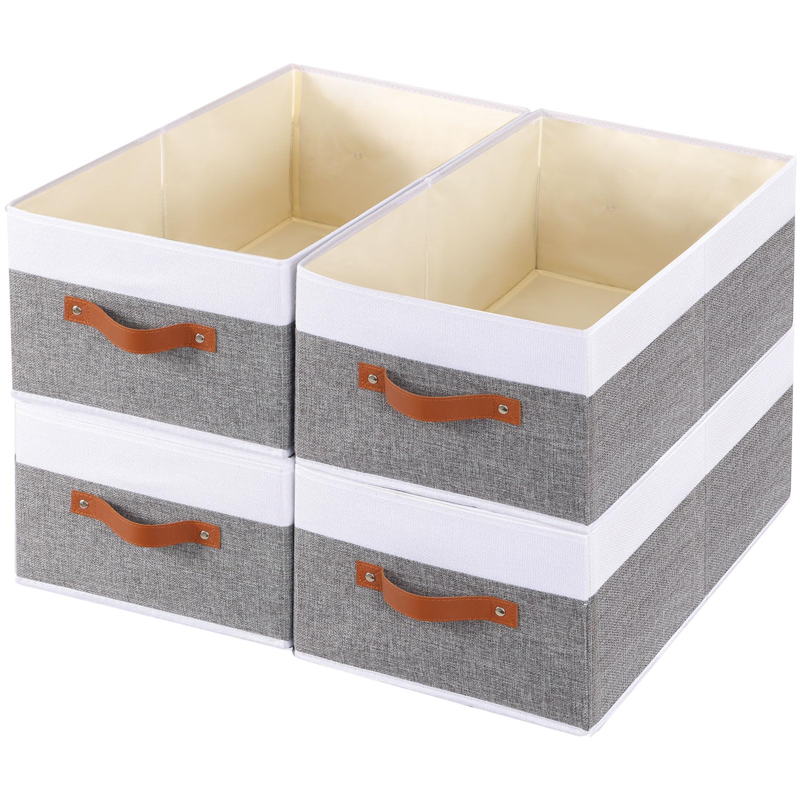 YheenLf Clothing Storage Bins, Closet Bin with Handles, Foldable Storage Baskets, Fabric Containers Storage Boxes for Organizing Shelves, Medium, 4 Pack, White and Grey
