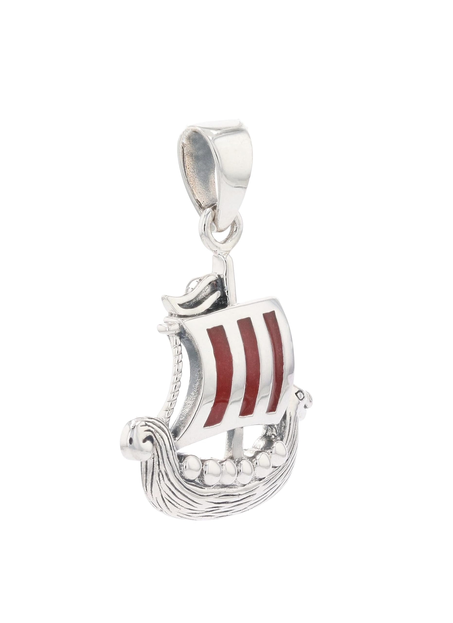 Jewelry Trends Norse Viking Ship Sterling Silver Pendant with Red Striped Sail