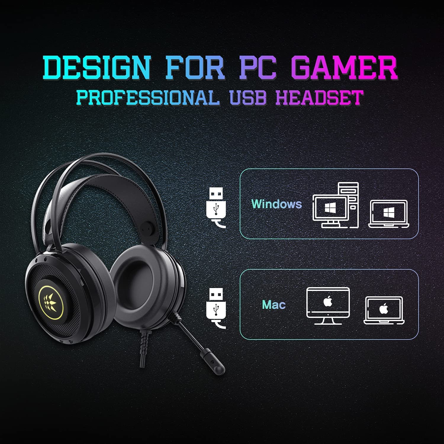 MANIC PC Gaming Headset HS-301 Wired RGB Effect Gaming Headphone with Microphone - Virtual 7.1 CH Surround Sound with Microphone, USB Type for Laptop & PC,Compatible with Windows 7910, BLACK
