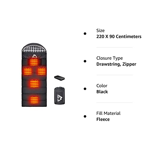 KINGS TREK Sleeping Bag Heated with Battery Pack & Compression Bag, Waterproof Lightweight Sleeping Bag for Camping, Backpacking, Hiking (Black)