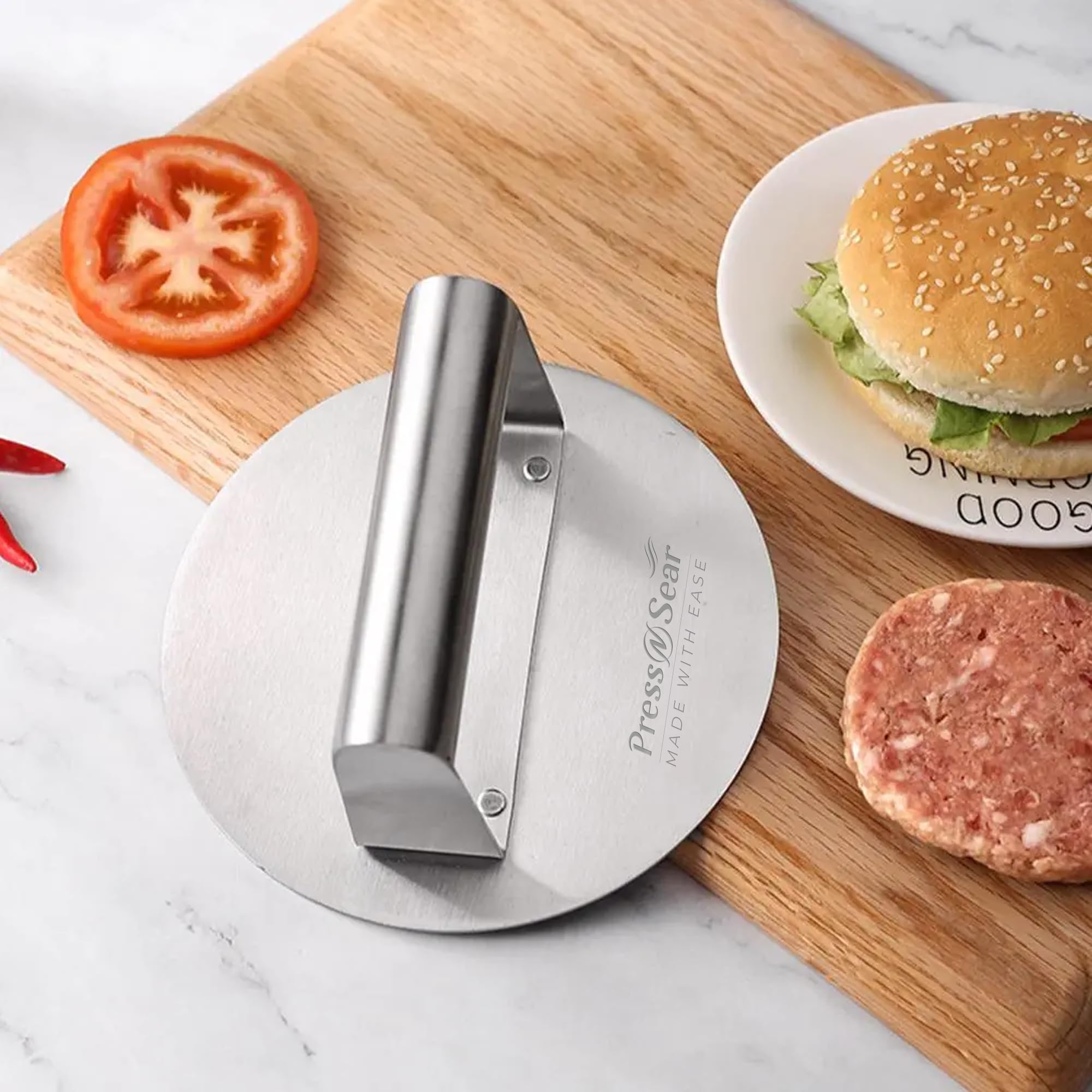 Press N Sear 6.2 Inch Heavy Duty Stainless Steel Smash Burger Press - Round Burger Smasher for Flat Top Grill, Professional Griddle Accessories Kit, Rust-Free and Easy to Clean.