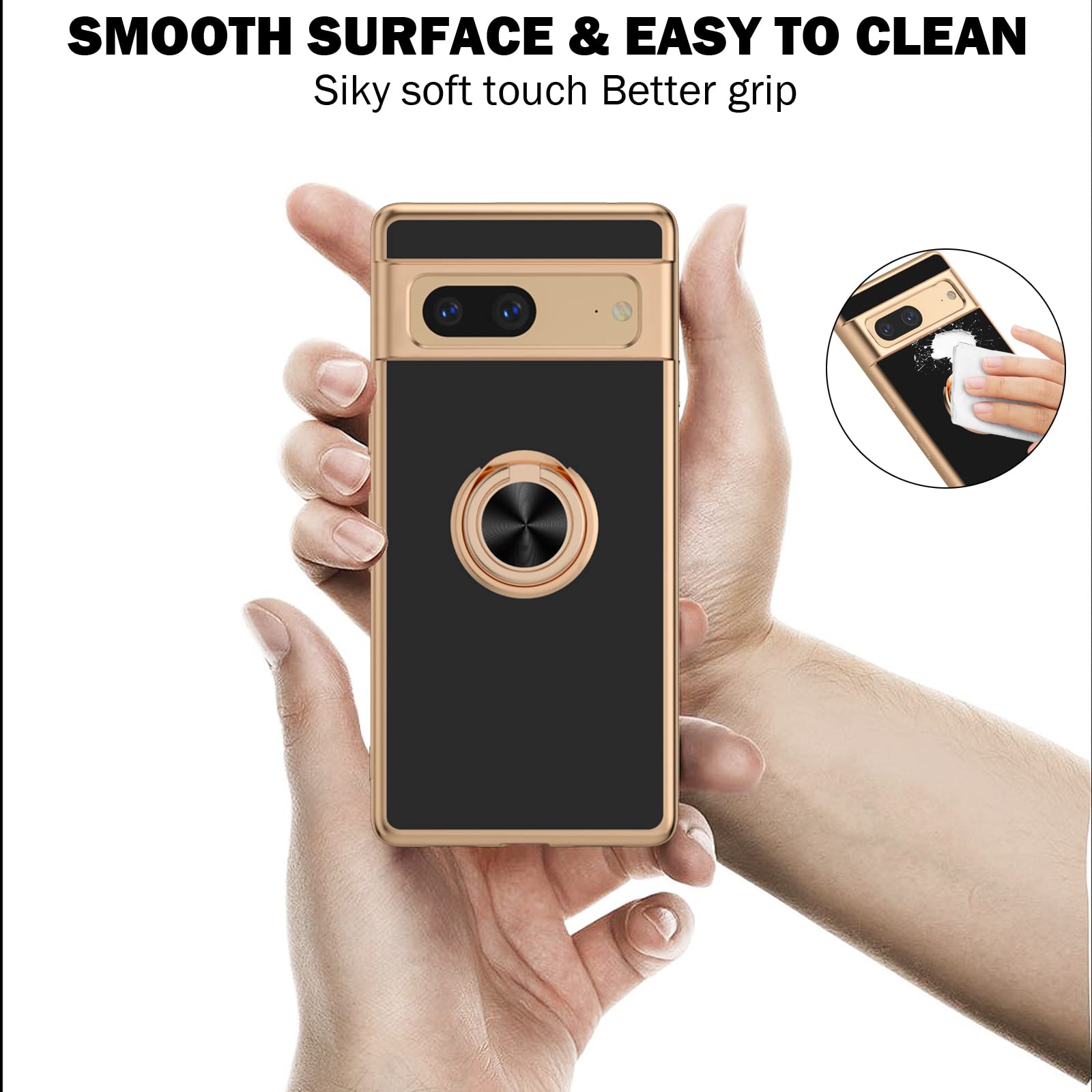 Jasmeas Case Compatible with Google Pixel 7 with 2 Screen Protector, with Ring Holder Plating Rose Gold Edge 360°Kickstand Cover Slim Soft Flexible TPU Protective Phone Cases for Women - Black