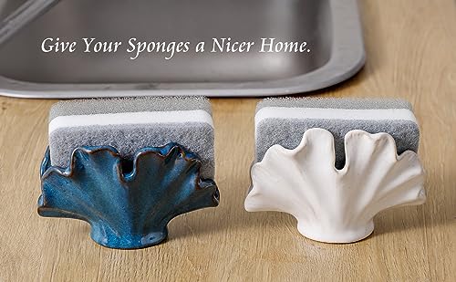 Uiddo Ceramic Sponge Holder, Sponge Holder for Kitchen Sink,Compact Sink Caddy Organizer - Scouring Pad and Dish Sponge Holder, Farmhouse Kitchen Decor and Cute Kitchen Gadgets and Accessories (White)