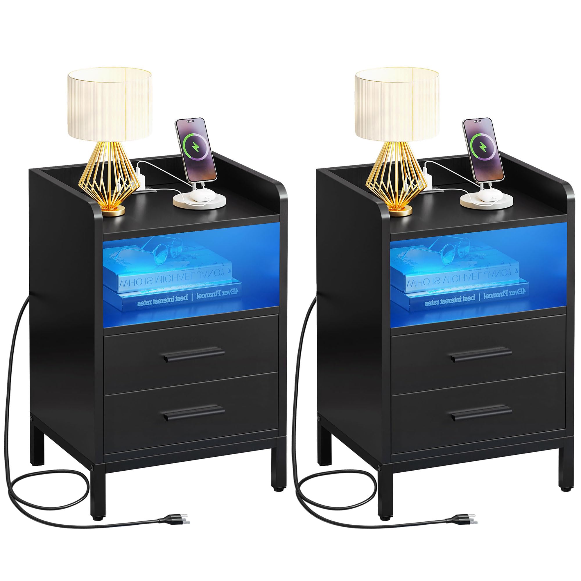YITAHOME Nightstand with Charging Station and LED Lights, End Side Table with 2 Drawers, Modern Bedside Table for Bedroom with USB Ports and Outlets, Open Storage, Black
