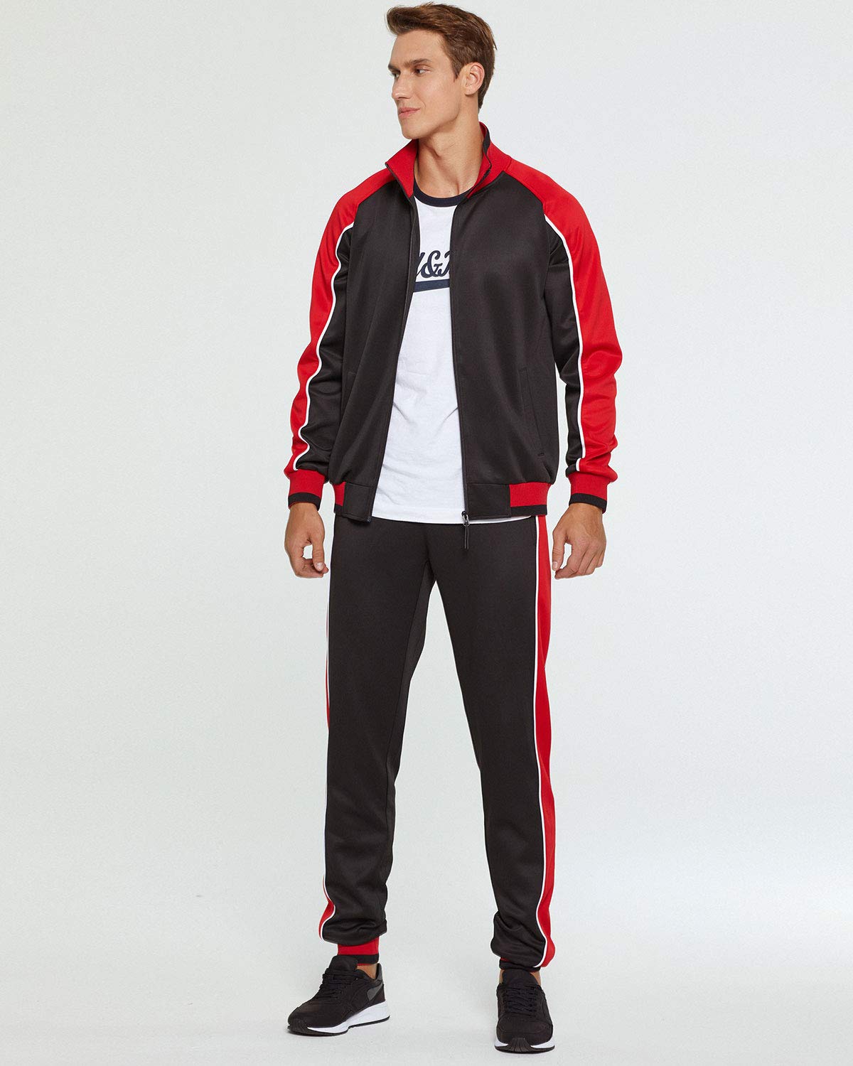 IXIMO Men's 2 Piece Tracksuit Full Zip Contrast Casual Sweatshirt & Jogger Sports Set Training Wear Black L