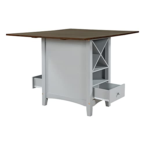 XD Designs Farmhouse 5-Piece Counter Height Dining Table Set, Soild Wood Drop Leaf Kitchen with Wine Rack & Drawers, 4 Chairs Ladder Full Back, Space-Saving (Cherry+Gray)