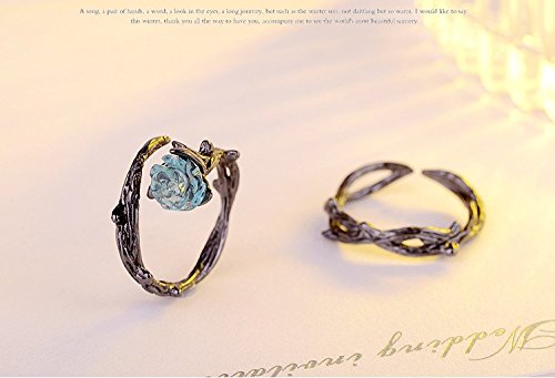 ISAACSONG.DESIGN 925 Sterling Silver Statement Adjustable Ring for Women Love Heart, Teardrop, Cat, Pearl Charms (Valentine Blue Rose Couple Ring)