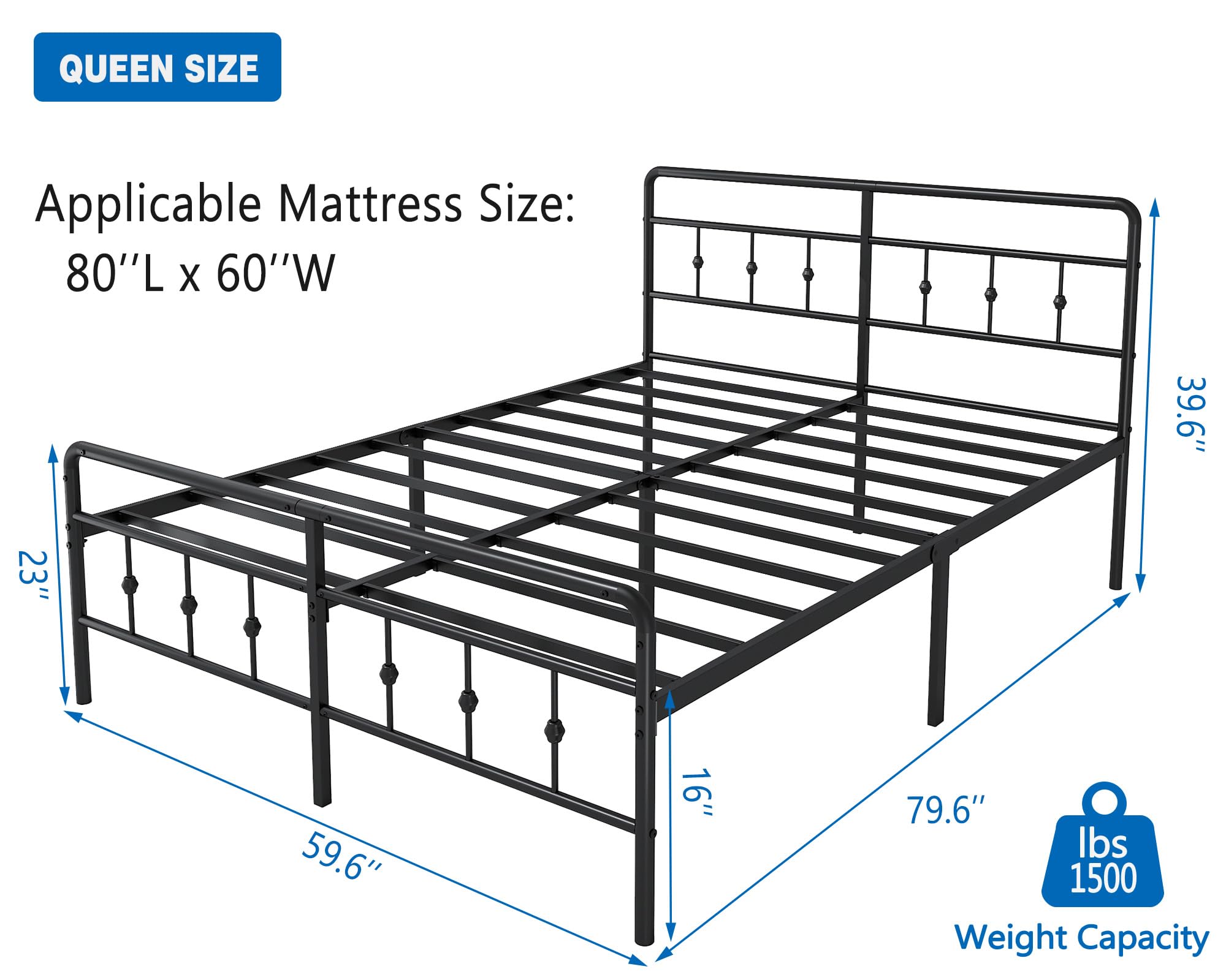 HOBINCHE Queen Size Metal Bed Frame with Headboard and Footboard, 14 Inch Black Heavy Duty Mattress Foundation with Steel Slat Support, No Box Spring Needed, Noise Free