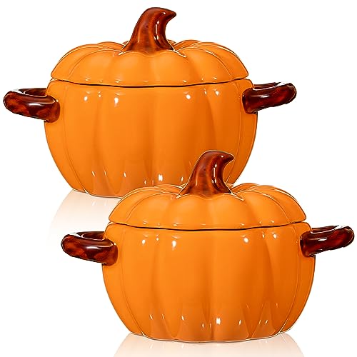 Uiifan 2 Pcs Pumpkin Bowls Ceramic Pumpkin Dish Casserole Cookware 17 oz Pumpkin Pots for Cooking Orange Cute Pumpkin Bowl Safe Oven Pot with Lid Double Ear for Halloween Thanksgiving Baking