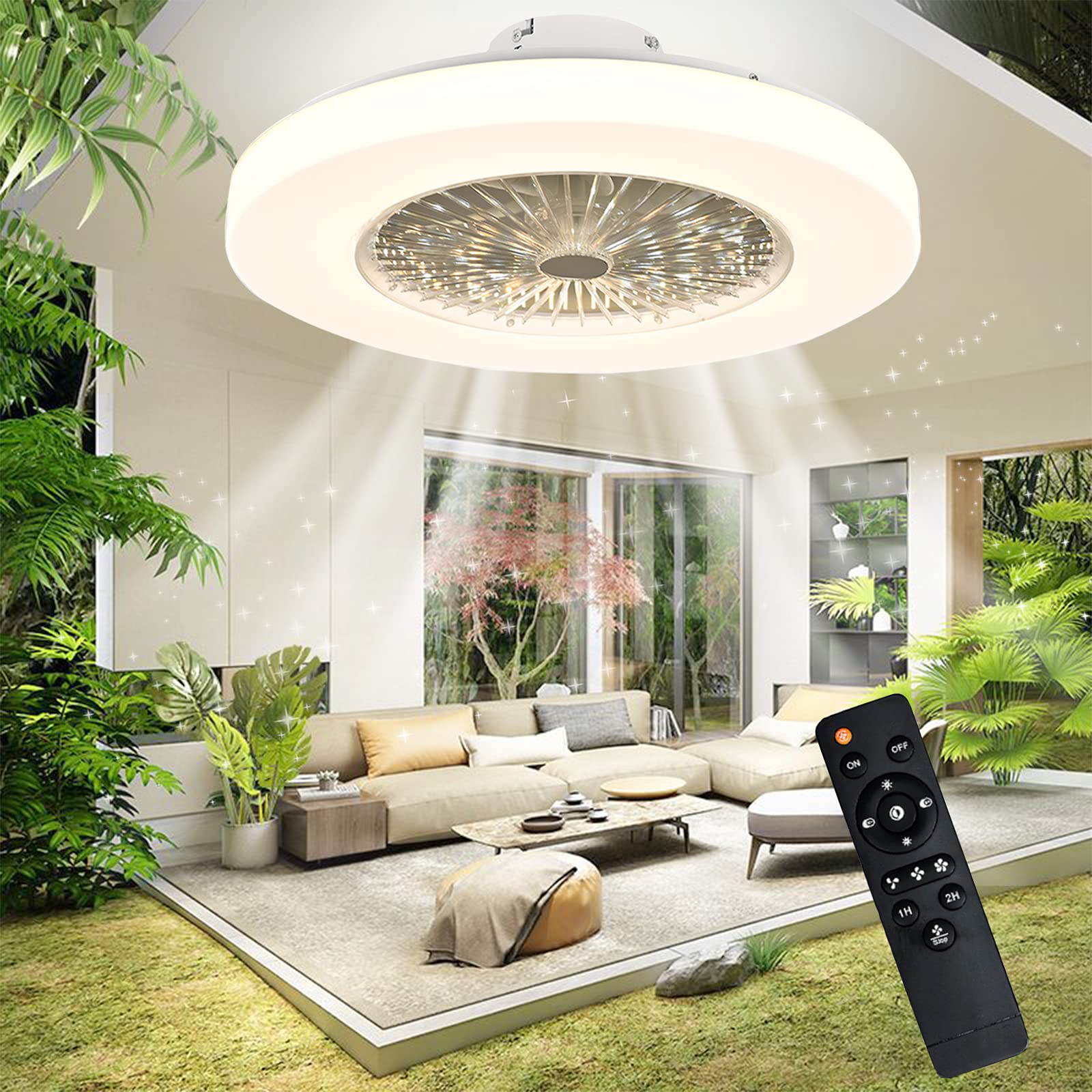 IYUNXI Modern Ceiling Fan with Lights, Flush Mount, Remote Control LED Dimming 3 Colors Lighting, Low Profile Ceiling Fan 23 Inch,72W Enclosed, Kitchen, Bedroom, Children's Room
