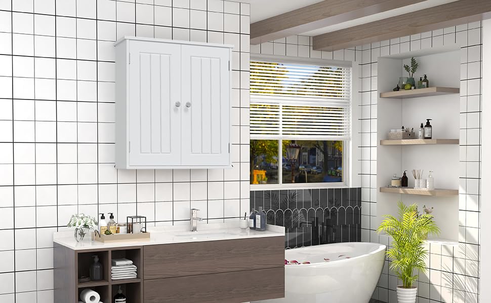 YIJAMLIFE Bathroom Wall Cabinet Over Toilet,Small Medicine Cabinet for Bathroom Laundry Room Kitchen,Space Saver Storage Cabinet with 2 Door Adjustable Shelves White
