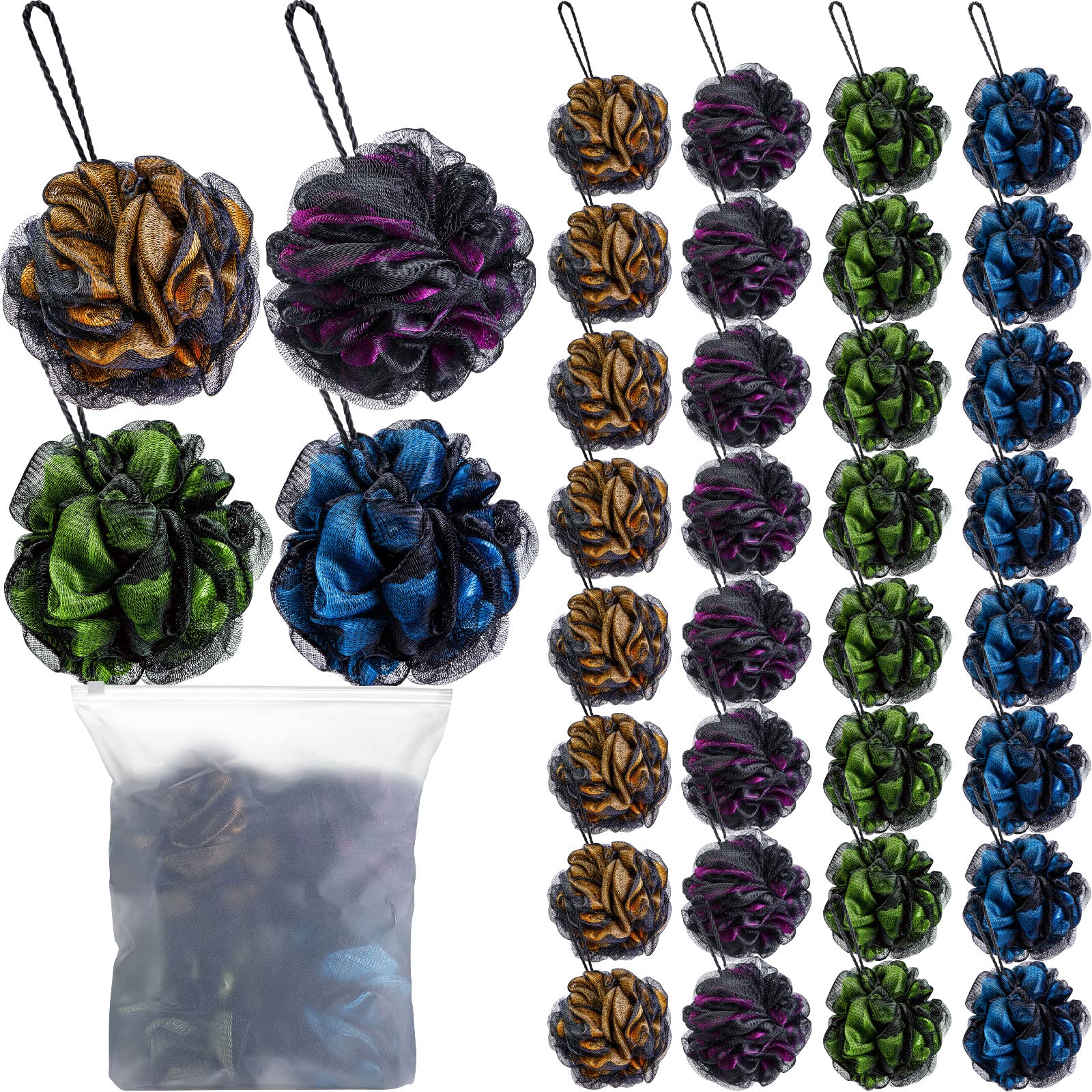 Shellwei 32 Pcs Bath Sponge Shower Loofahs Bulk 60 g Charcoal Body Shower Sponge Large Mesh Puff Soft Scrubber for Men and Women Exfoliating Shower Pouf Balls with Bathing Accessories (Fresh Color)