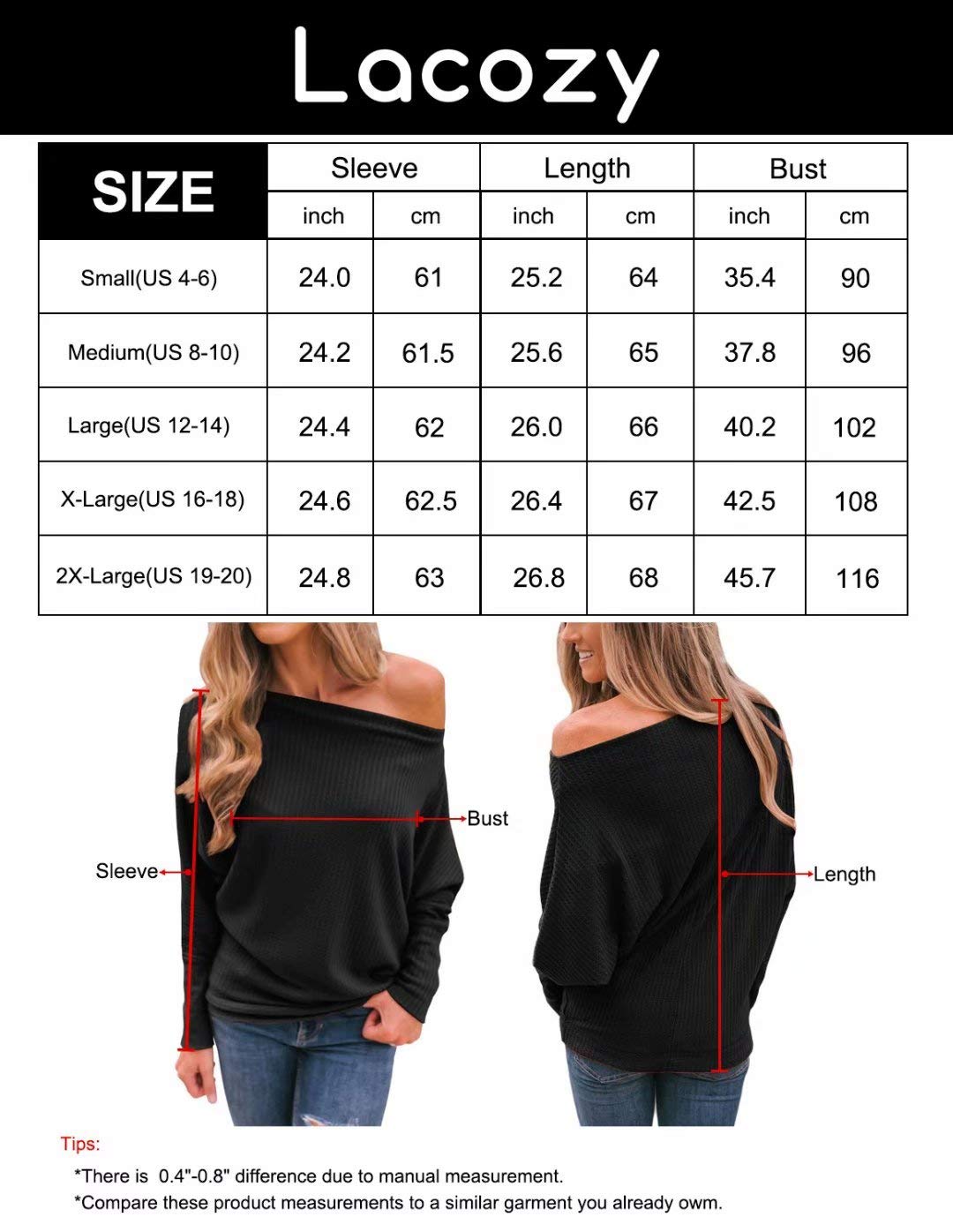 Lacozy Womenâ€s Waffle Knit Off The Shoulder Tops Casual Oversized Long Sleeve Tunic Shirts Pullover Sweaters Black 2X-Large
