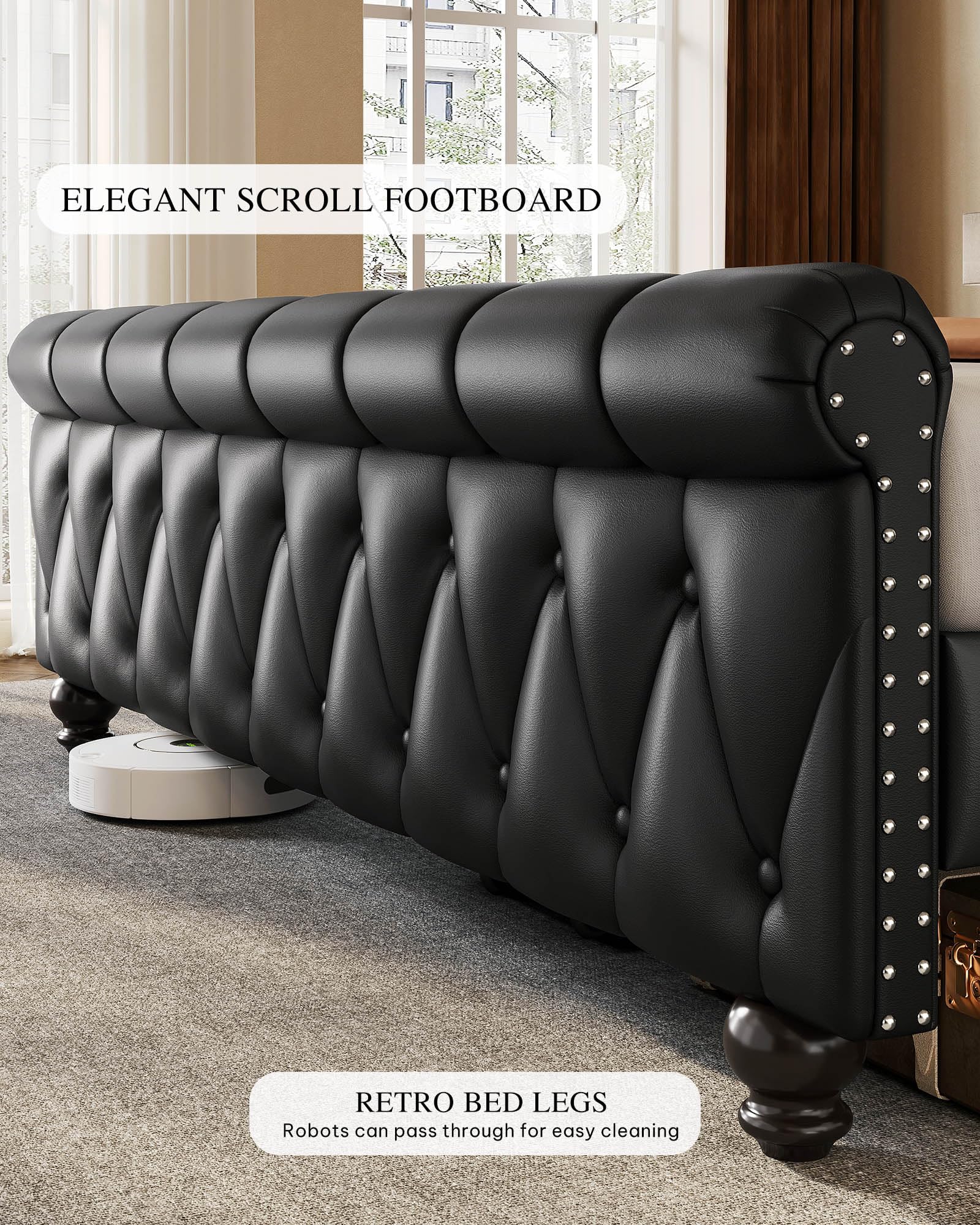 YITAHOME Queen Size Platform Bed Frame with 58" Tall Headboard and Footboard, PU Leather Upholstered Platform Bed with Solid Wood Leg, Button Tufted, No Box Spring Needed, Easy Assembly, Black