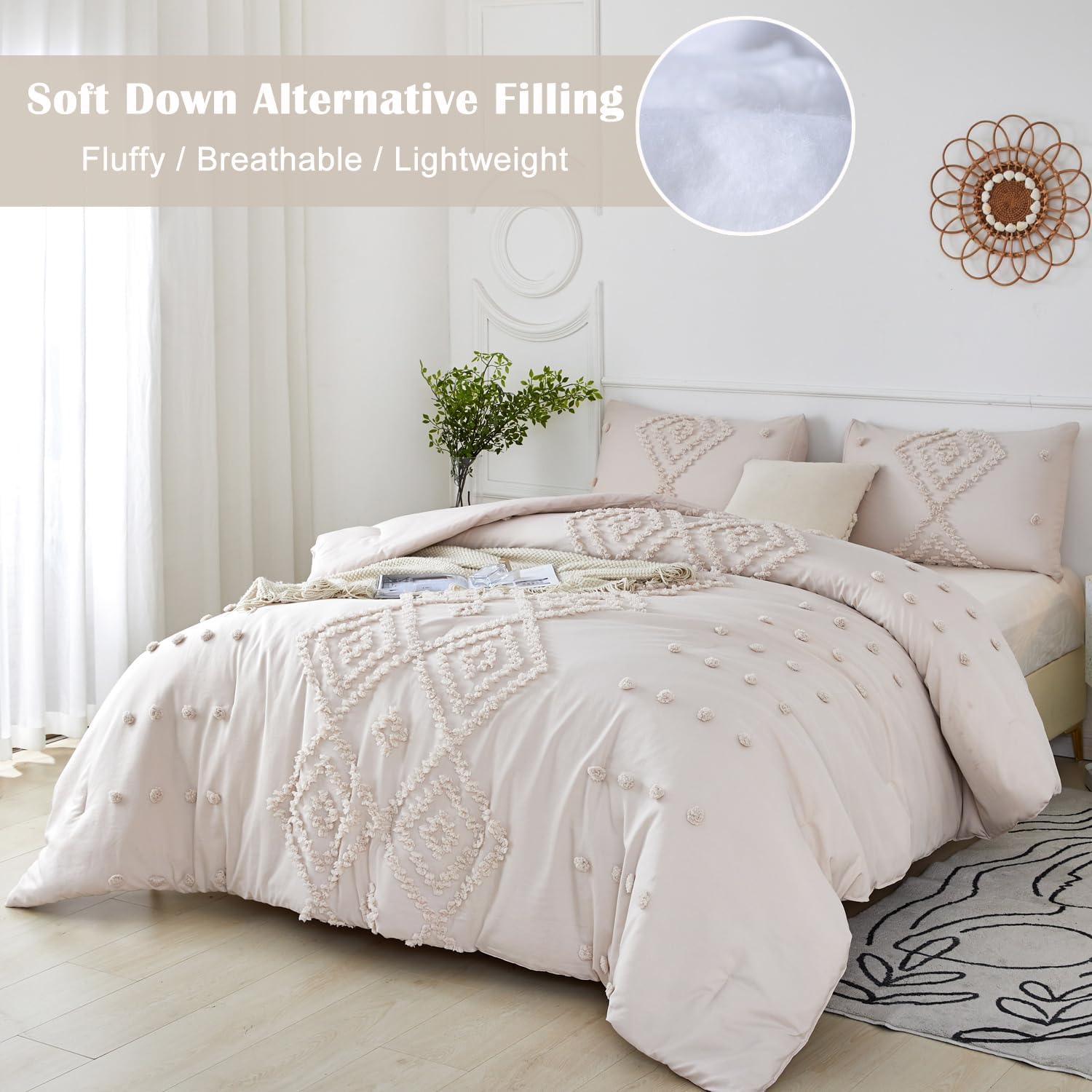 ZRNBAST Pink Full Size Comforter Sets 3 Pcs,Tufted Pom Boho Comforter Set Full, Soft Fluffy Farmhouse Embroidery Geometric Bedding Set for Girl(Pink, Full)