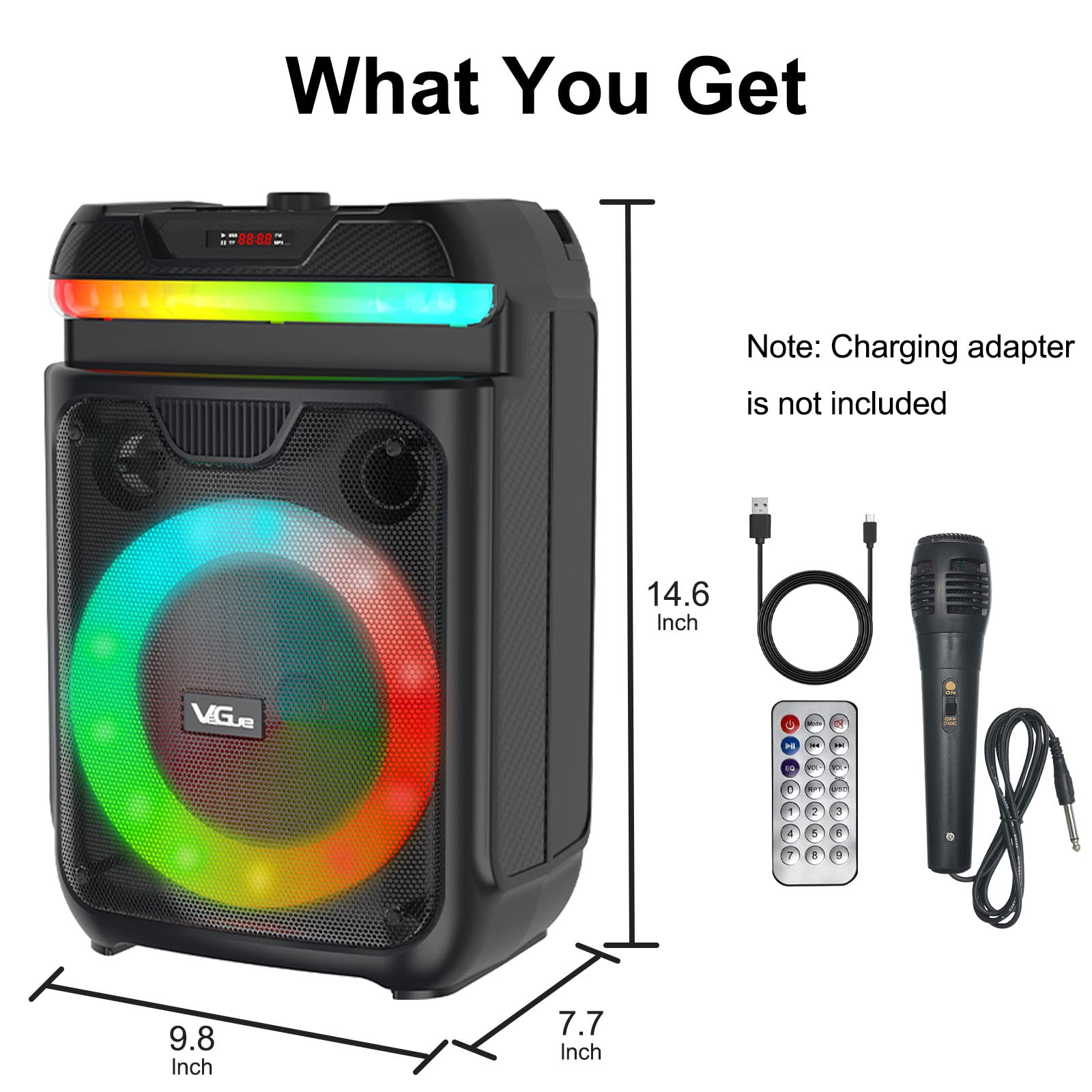 Karaoke Machine with Wireless Microphone, VeGue Portable Bluetooth Speaker with Colorful LED Light, REC, Remote Control, FM Radio, Supports AUX/USB/TF Card, Ideal for Home Karaoke, Party (VS-0803BL)