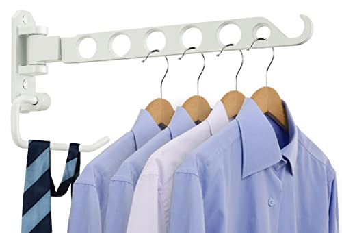 VICSKY Wall Mounted Laundry Hanger Rack (White), Small Drying Rack with 6 Holes, 180° Swing Arm and 90° Folding, Sturdy Hanging Clothes, Safe and Space Saver, Valet Hook, Solid Aluminum