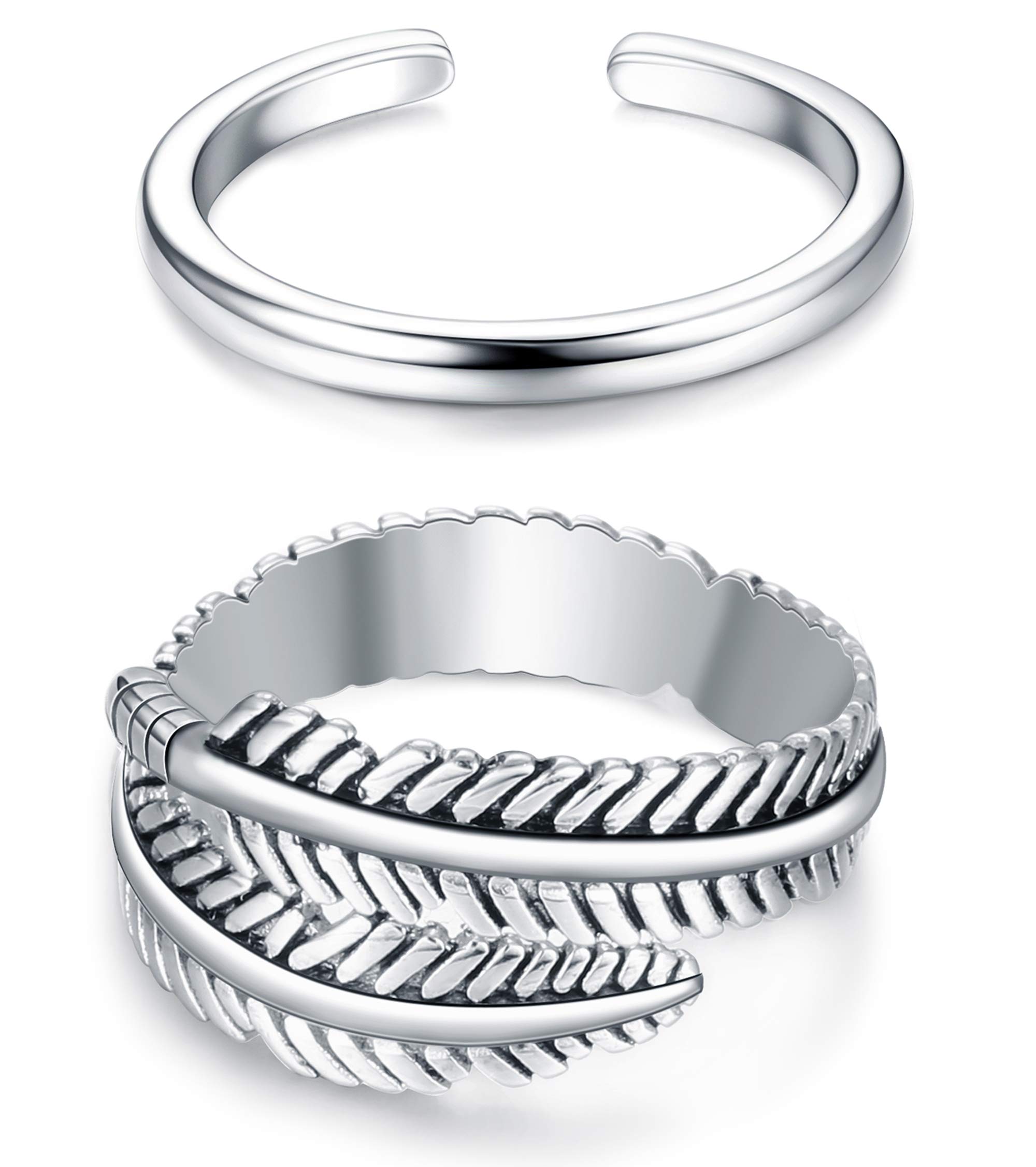 JOERICA 925 Sterling Silver Rings for Women Adjustable Feather Ring Statement Leaf Ring Open Stackable Plain Wedding Band Ring
