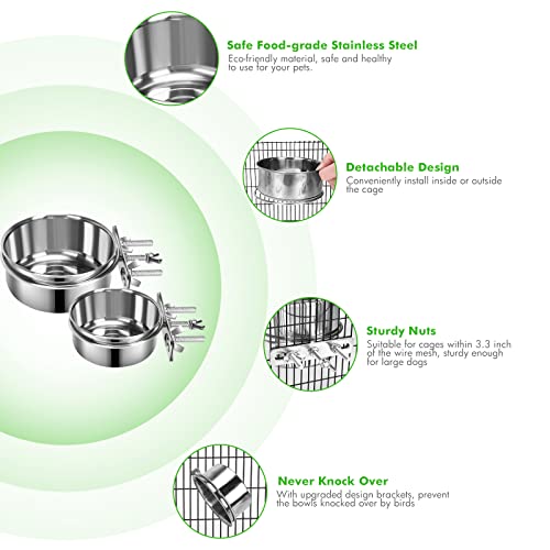 Yummy Sam 2 Pcs Small Dog Food Water Bowl for Cage with Upgraded Clamp Holder, Pet Kennel Hanging Bowls Stainless Steel Detectable Bowls Crate Feeder Dish for Small Dogs (4.7x2'' & 3.9x2'')
