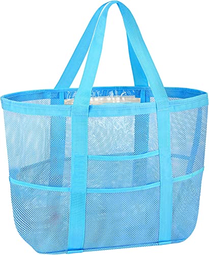 ZB.soar Mesh Beach Bags,9 Pockets Beach Bag, Large Beach Tote Swim Bags Pool Bag with Pockets (Sky Blue)