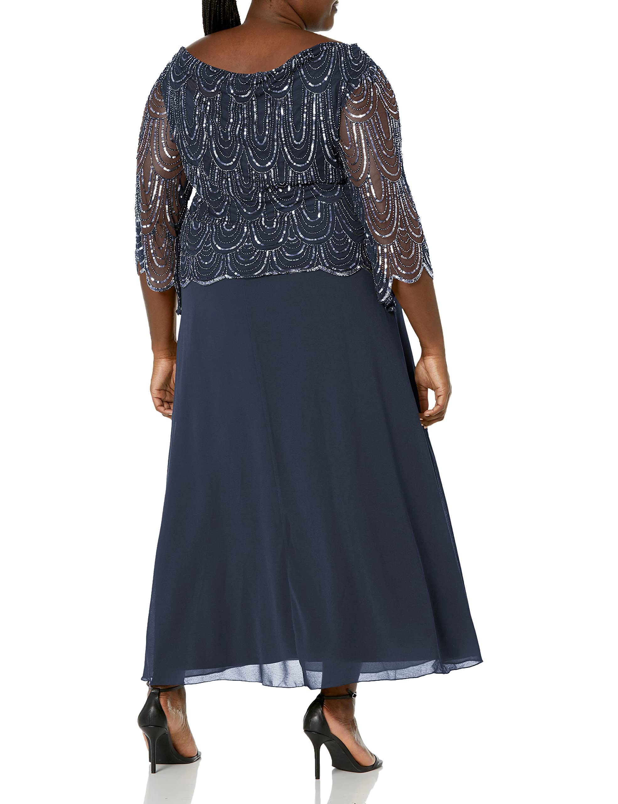 J Kara Women's Plus Size 3/4 Scallop Beaded Pop Over Gown, Navy/Mercury, 24W