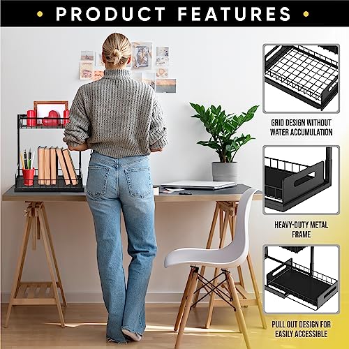 Under Sink Organizer,Metal Pull Out Kitchen Cabinet Organizer with Sliding Drawer,Sturdy Multi-Functional for Bathroom Organization,Black