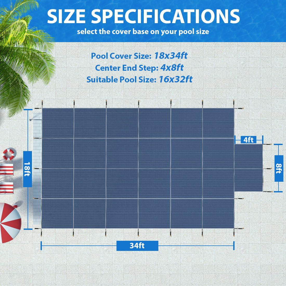 iCover Pool Safety Cover, Fits 16x32ft Inground Swimming Pool with 4x8ft Center End Steps, Heavy Duty Mesh High Strength Pool Cover, Hardware and Instruction Manual Included, Blue