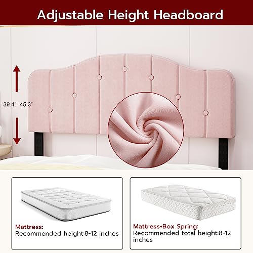 IKIFLY Velvet Upholstered Full Size Bed Frame - Button Tufted Full Platform Bed with Adjustable Headboard, Solid Wood Slats Support, No Box Spring Needed, Easy Assembly - Pink