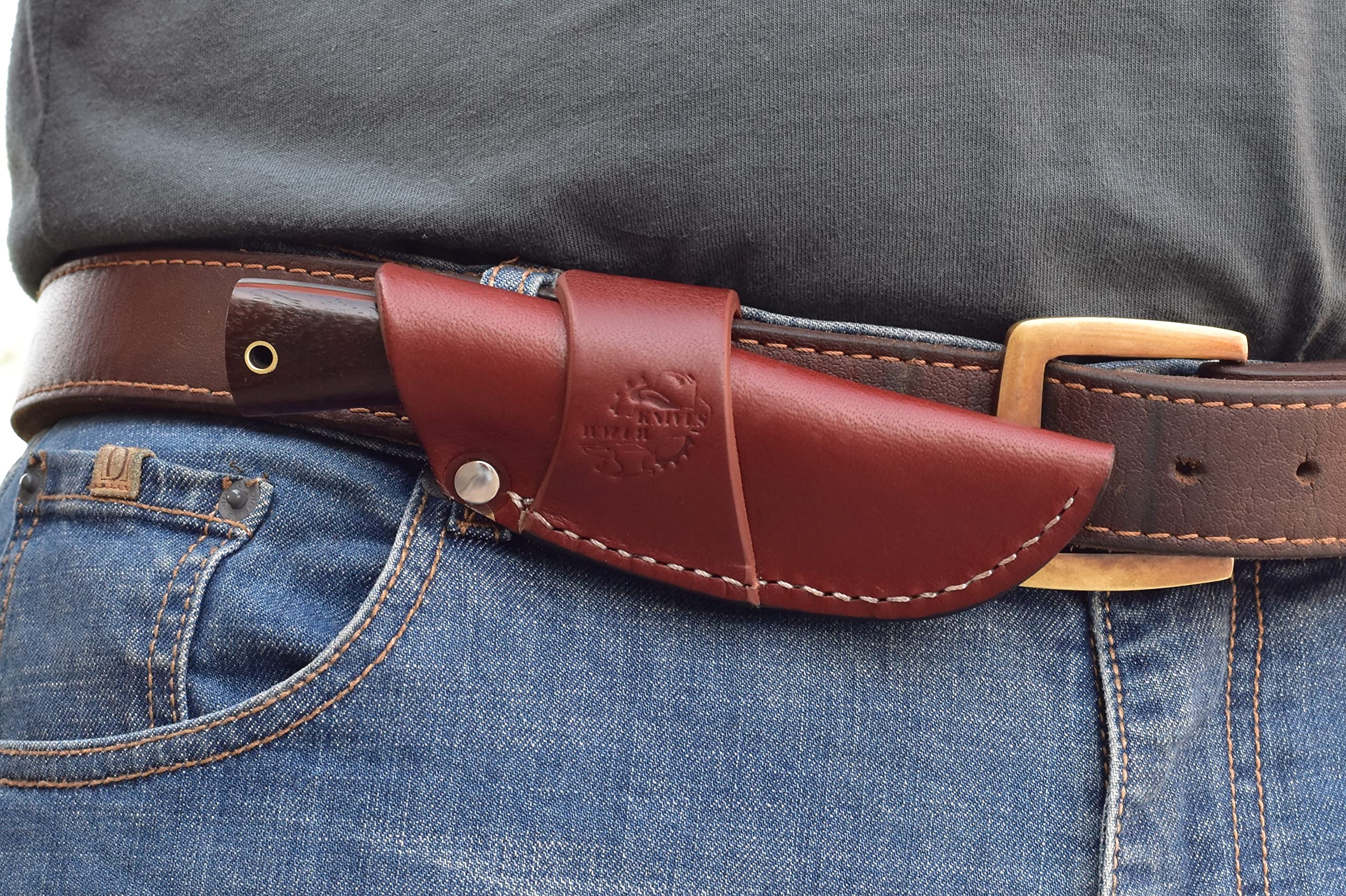 Knives Ranch Fixed Blade EDC Knife with Horizontal Carry Sheath β Small Hunting Knife β Damascus Skinning Knife β Cowboy Knife with Leather Sheath Stabilized Rosewood Handle (4402-IRW)