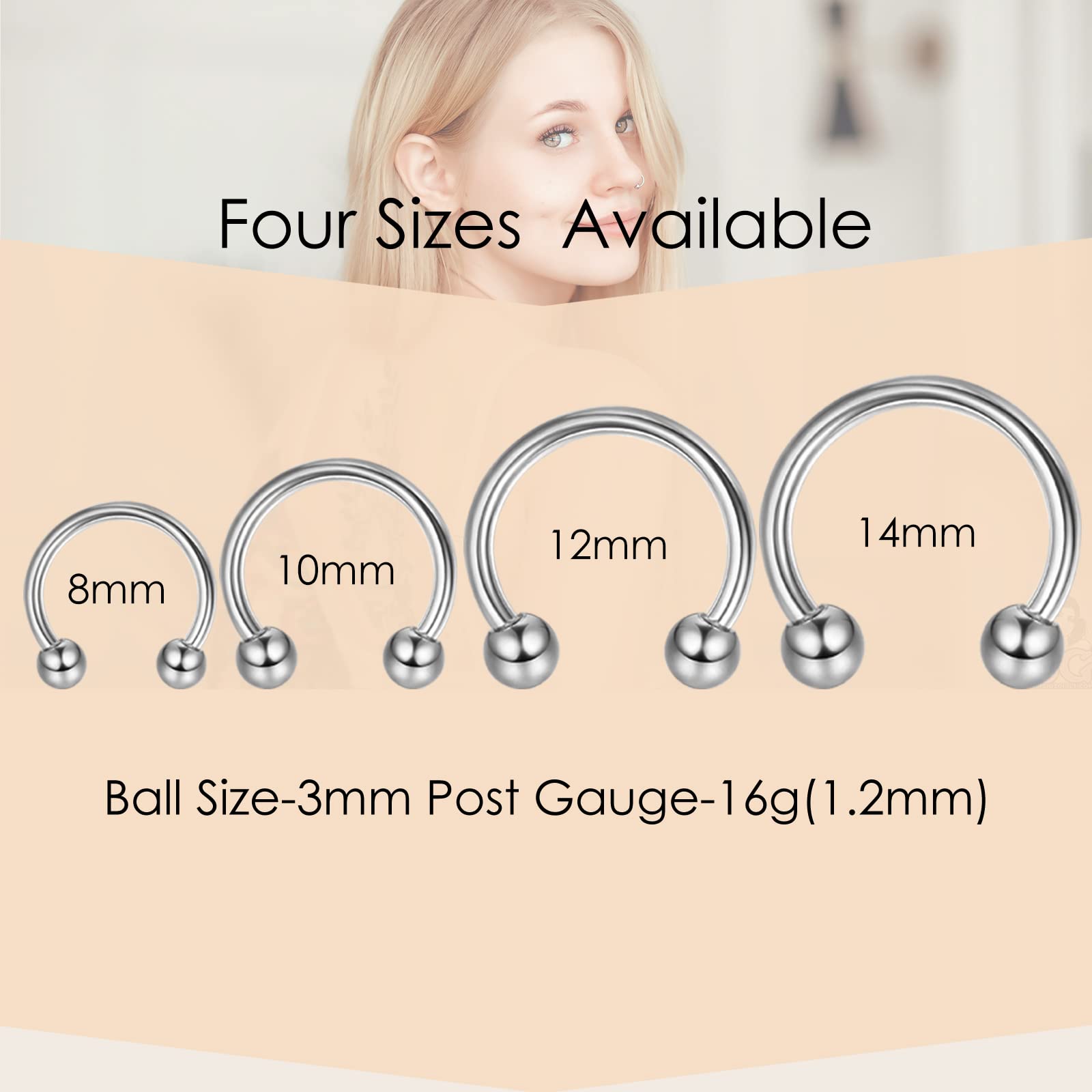 MILACOLATO 16g Septum Rings for Women Men | Implant Grade G23 Titanium Septum Ring | Internally Threaded Horseshoe Barbell Piercing Jewelry for Nose Lip Tragus Eyebrow Helix Daith | 2pcs 8mm