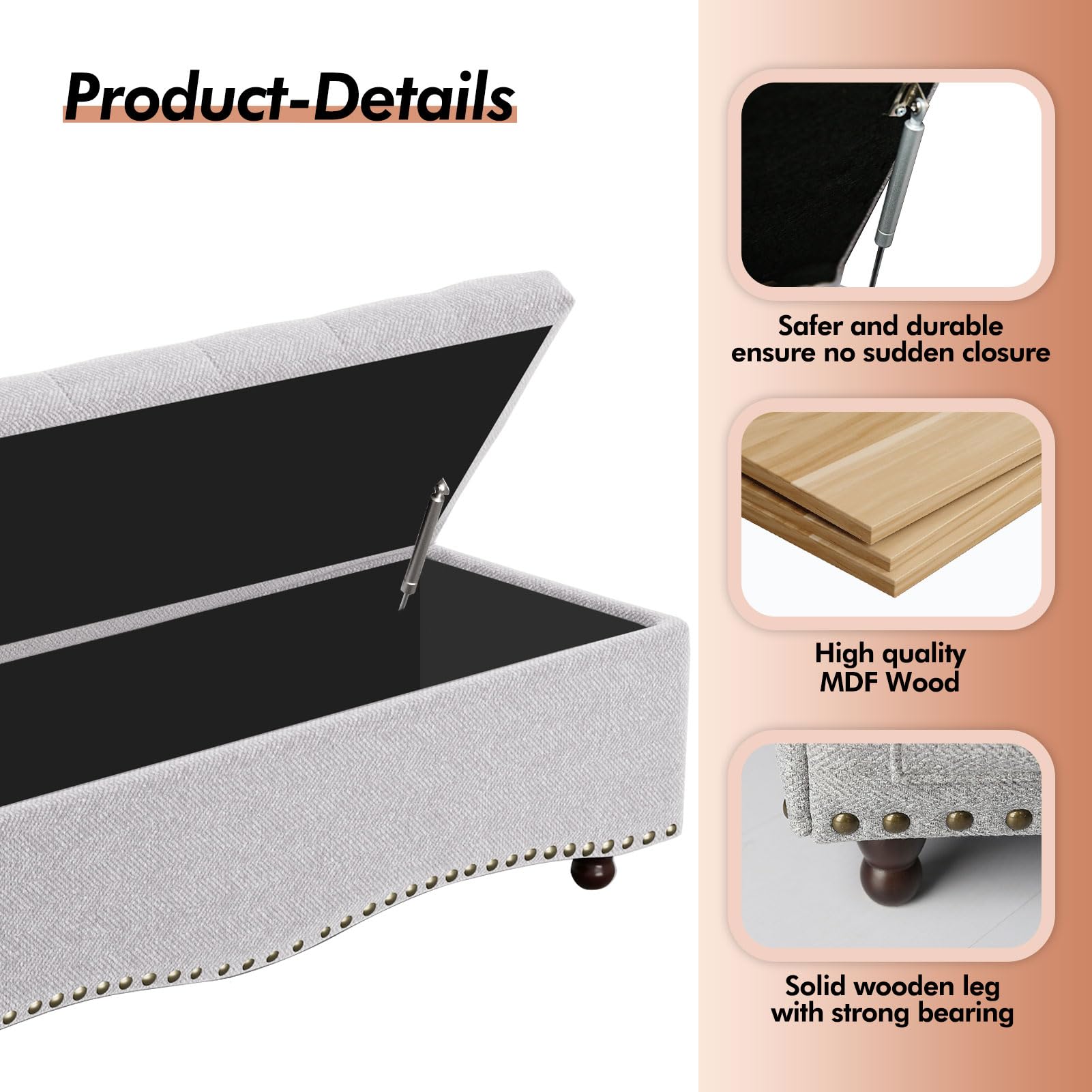 ZZW Storage Ottoman Bench 48.5“ Upholstered Storage Bench with Larger Storage Space End of Bed Bench with Safety Hinge & Wood Legs Tufted Fabric Ottoman for Bedroom & Living Room & Entryway