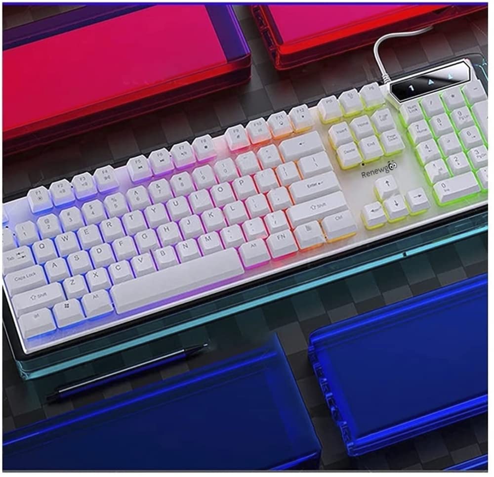 Renewgoo GooGamer Gaming Computer Keyboard with LED Rainbow Gradient Backlight, Waterproof Ergonomic Design for Esports PC, Mac, Desktops, & Laptops, White
