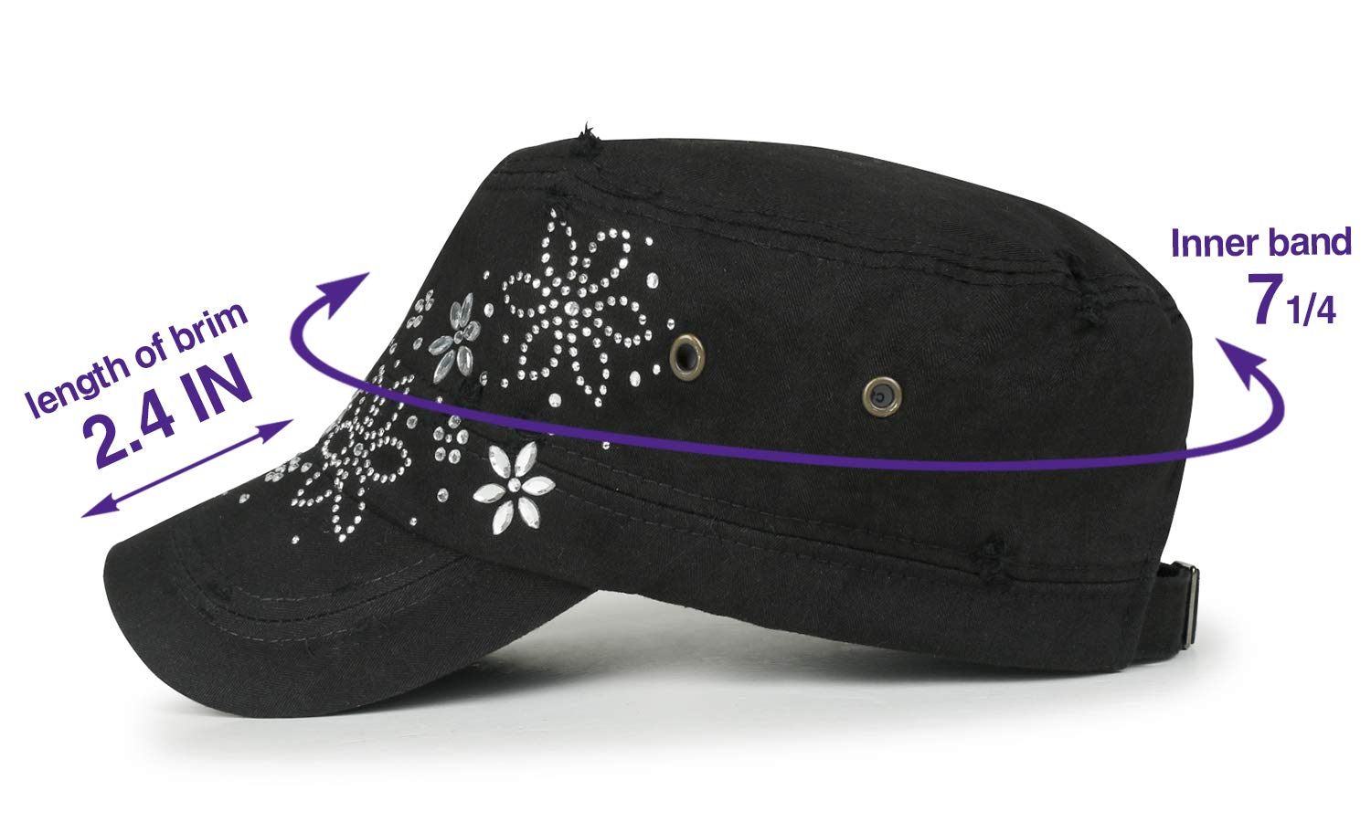 ililily Crystal Gemstone Stud Flower Vintage Cotton Military Army Hat Cadet Cap, Black