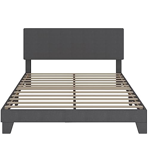 WEEWAY King Upholstered Platform Bed Frame with Adjustable Headboard and Strong Wooden Slats, Heavy-Duty Mattress Foundation, No Box Spring Needed, Easy Assembly, Dark Grey