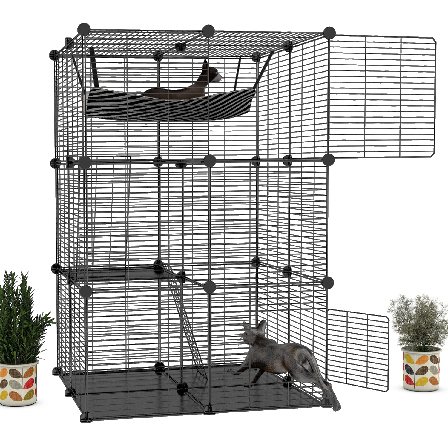 IKARE Cat Cage DIY Indoor Pet Home Small Animal House Detachable Playpen with 3 Doors 3 Tiers for Kitten Puppy Bunny Exercise. (Black,27.6 x 27.6 x 41.3Inch)