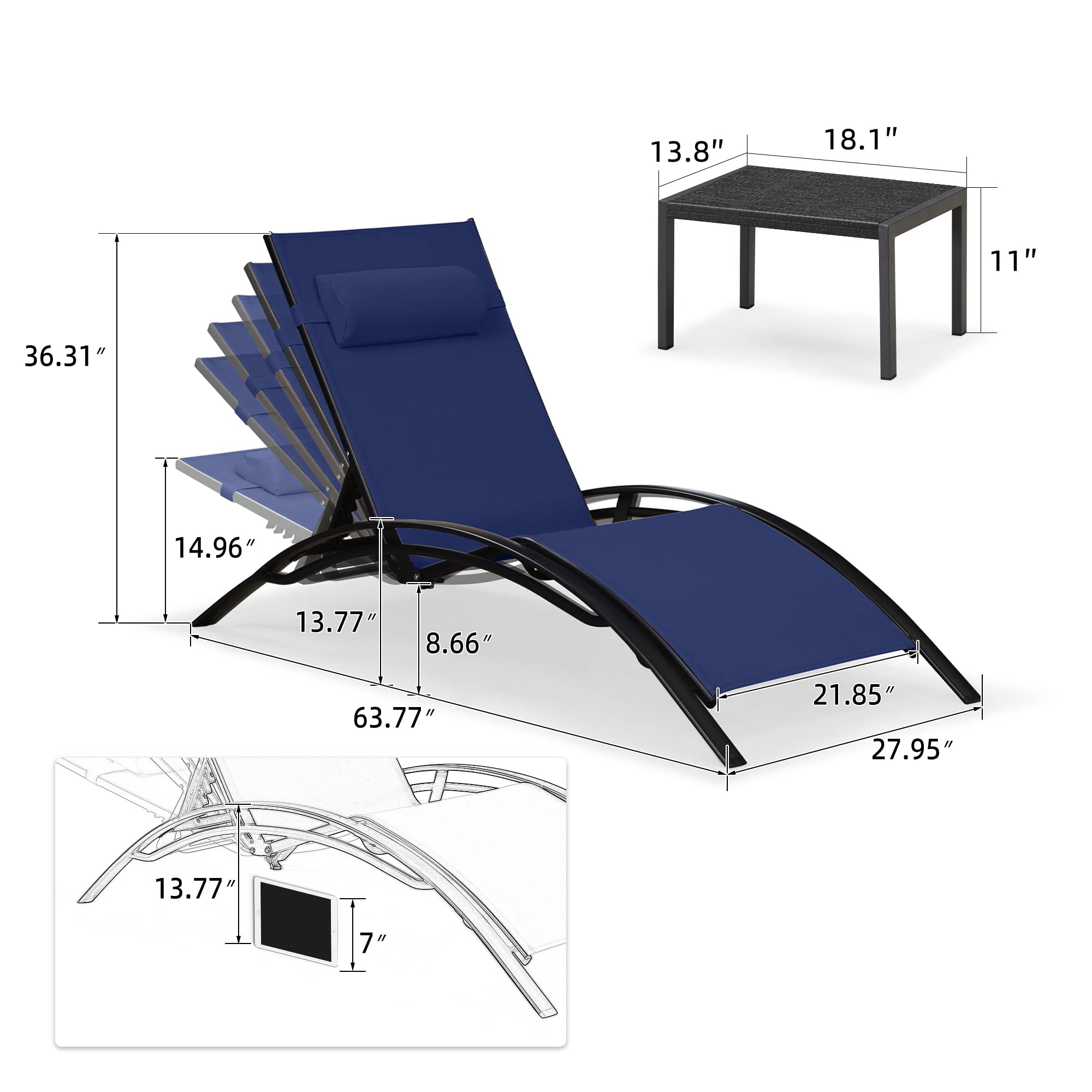 PURPLE LEAF Patio Oversized Chaise Lounge Chair Set with Side Table Pool Adjustable Recliner Chairs for Outside Beach Outdoor Sunbathing Tanning Poolside Lounger Chair