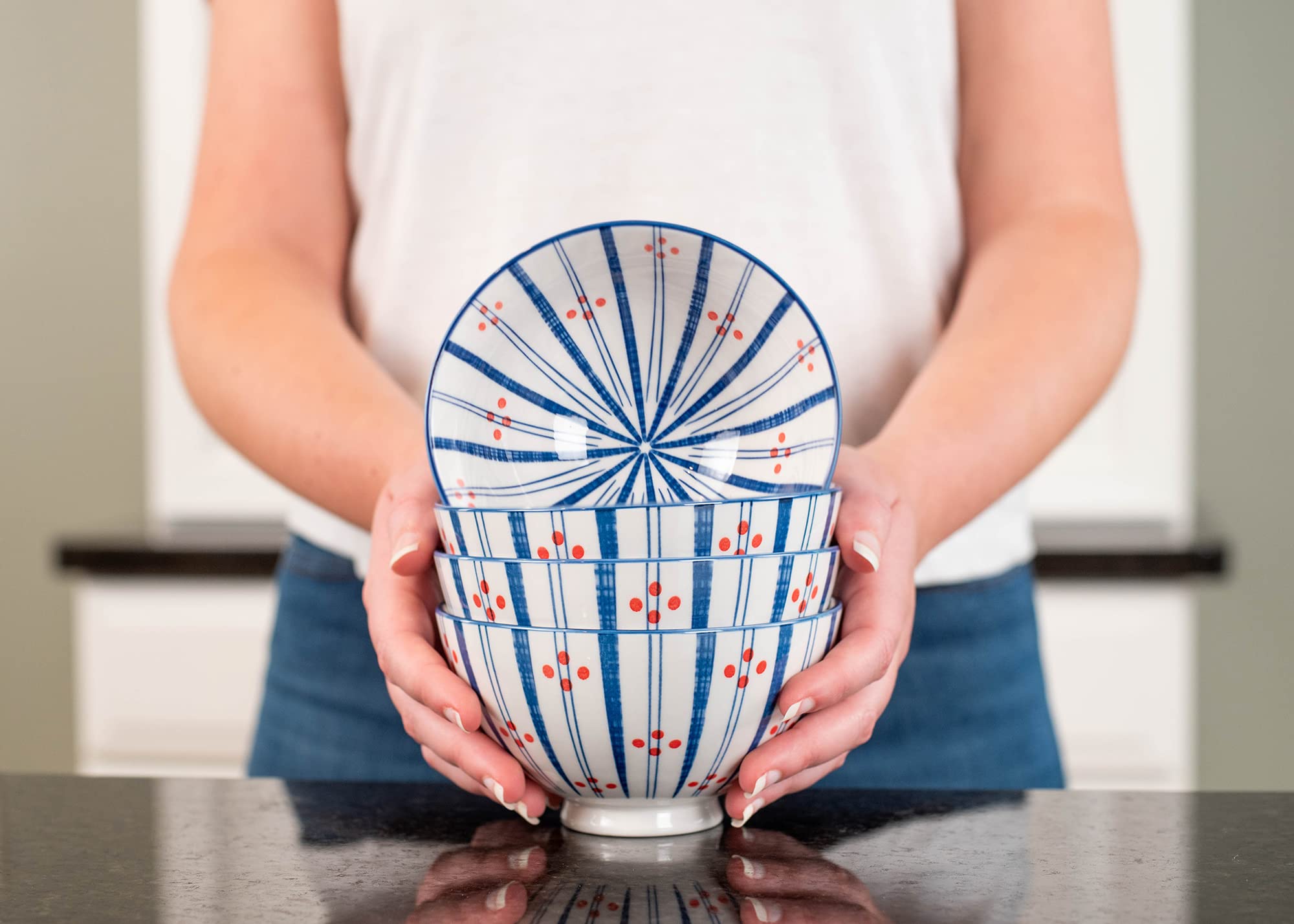 Nat & Jules Stripes and Dots White 18 ounce Ceramic Cereal Ramen Bowls Set of 4