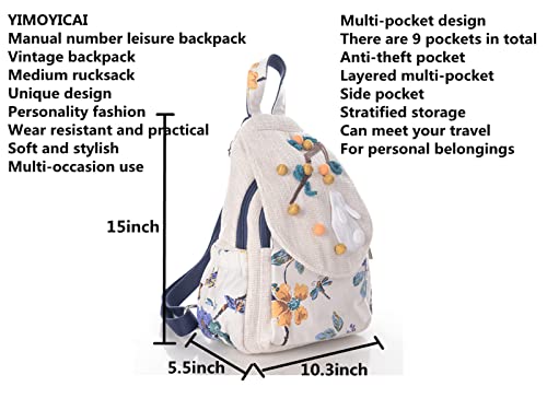 YIMOYICAI women casual boho woven medium canvas prime travel laptop backpack hippie embroidered vintage backpack Fruitful