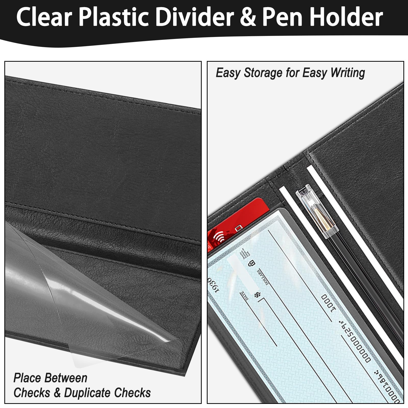 LLi Cufite Leather Checkbook Cover for Top & Side Tear Registers Duplicate Checks with Plastic Insert Flap Card Holder Pen Hoop Slim Wallet for Men Women