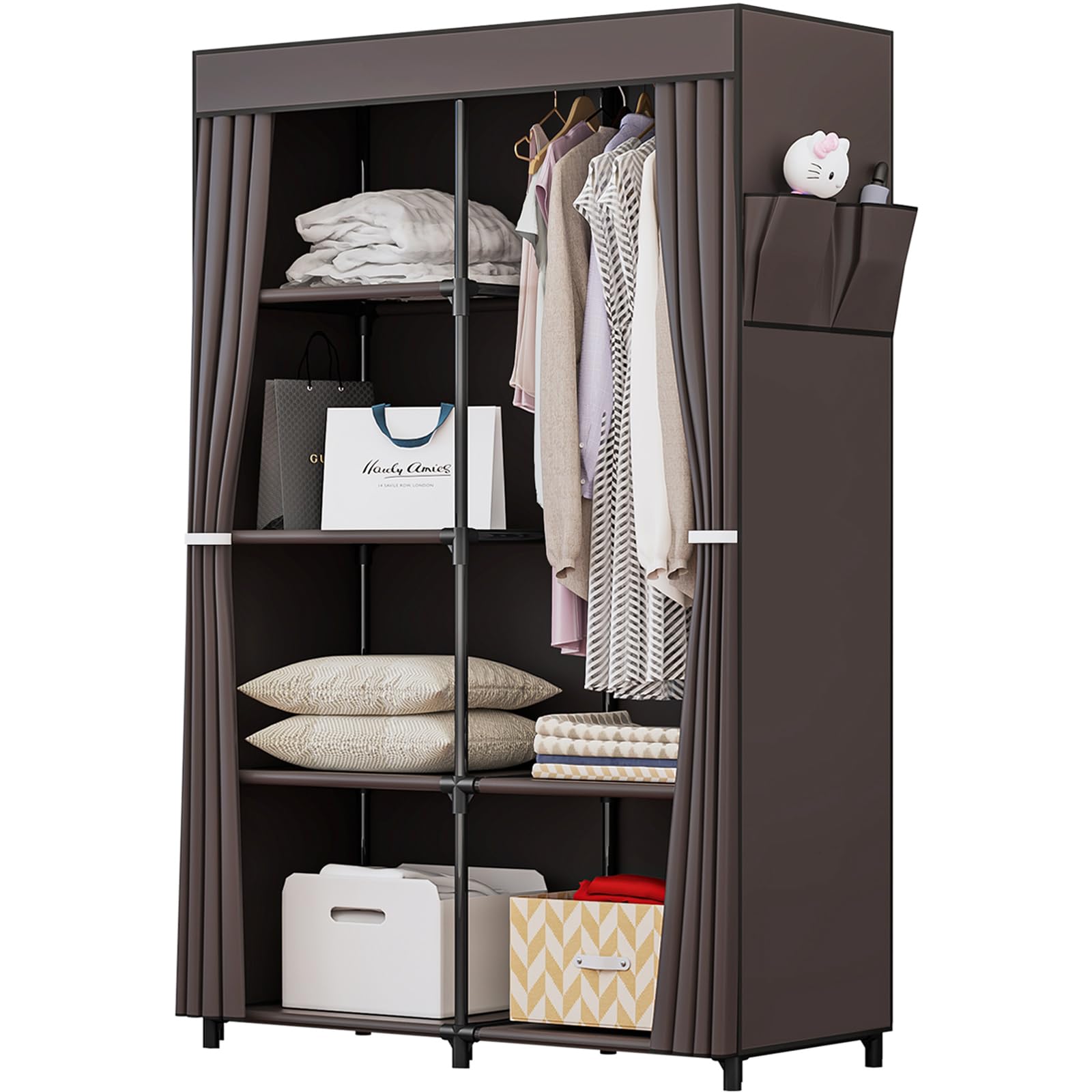 INGIORDAR Portable Closet Wardrobe Organizer Storage with Cover Non-Woben Fabric Portable Wardrobe Closet for Hanging Clothes Racks Shelving 34 Inch for Bedroom, Coffee