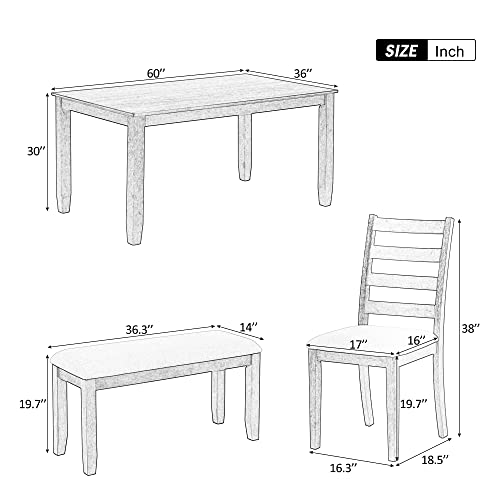 Winwee 6 Piece Dining Table Set, Wood Dining Room Table Set with 4 Upholstered Chairs & a Bench, Rustic Style Kitchen Table Set for 6 Persons, 36x60 Inch Kitchen Table (Gray+ White)